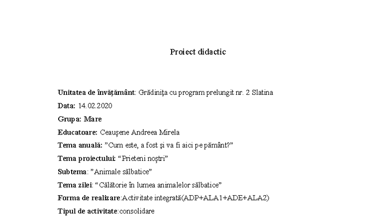 Proiect didactic: Activități despre Animalele Sălbatice - Grădinița nr ...