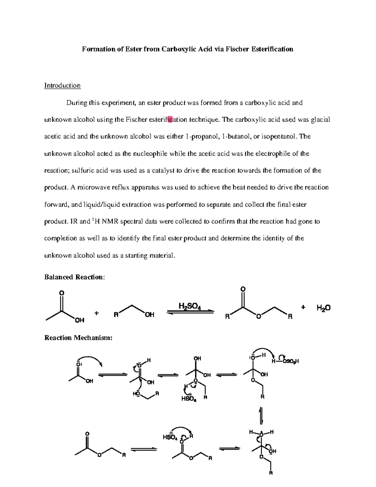 Fischer Esterification UGA Chem Lab - Formation of Ester from ...
