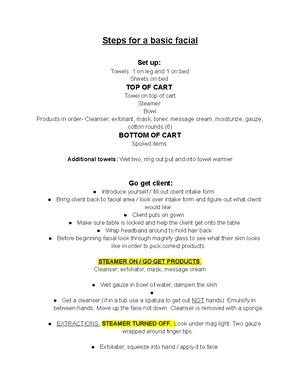 Steps of basic facial - Steps for a basic facial Set up: Towels: 1 on ...