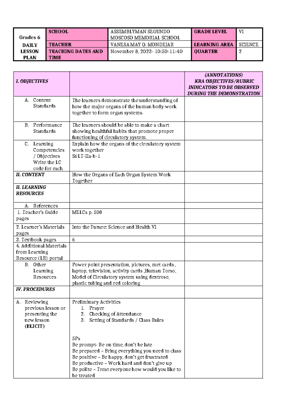 Grades 6 Science Lesson Plan: Understanding the Circulatory System ...