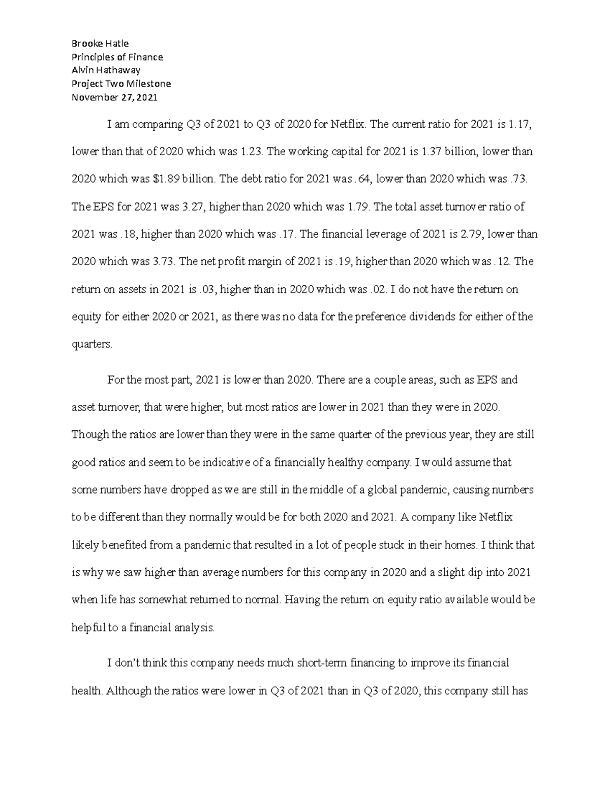 FIN 320 Project Two Financial Analysis Report - Financial Calculations ...