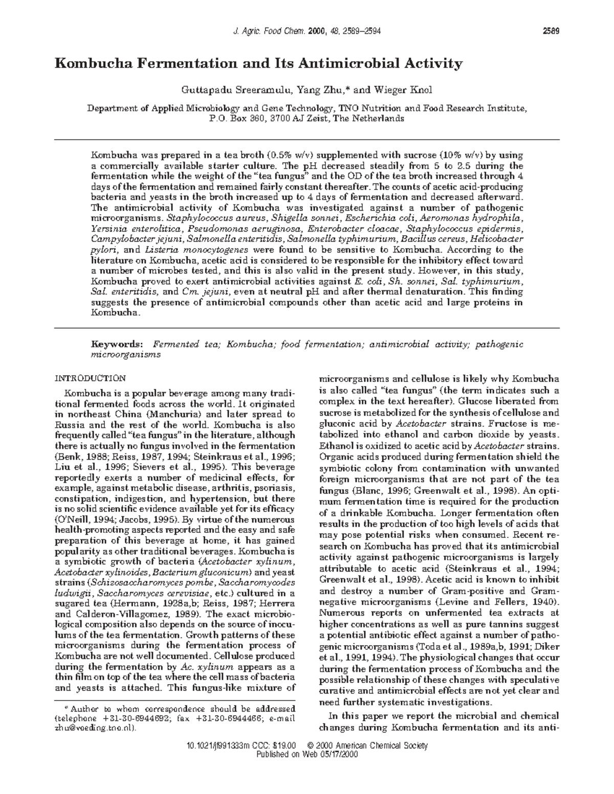 Kombucha Fermentation and Antimicrobial Activity Study (J. Agric. Food ...