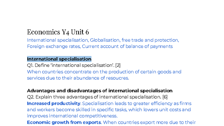 Economics Y4 Unit 6: International Specialisation, Globalisation ...