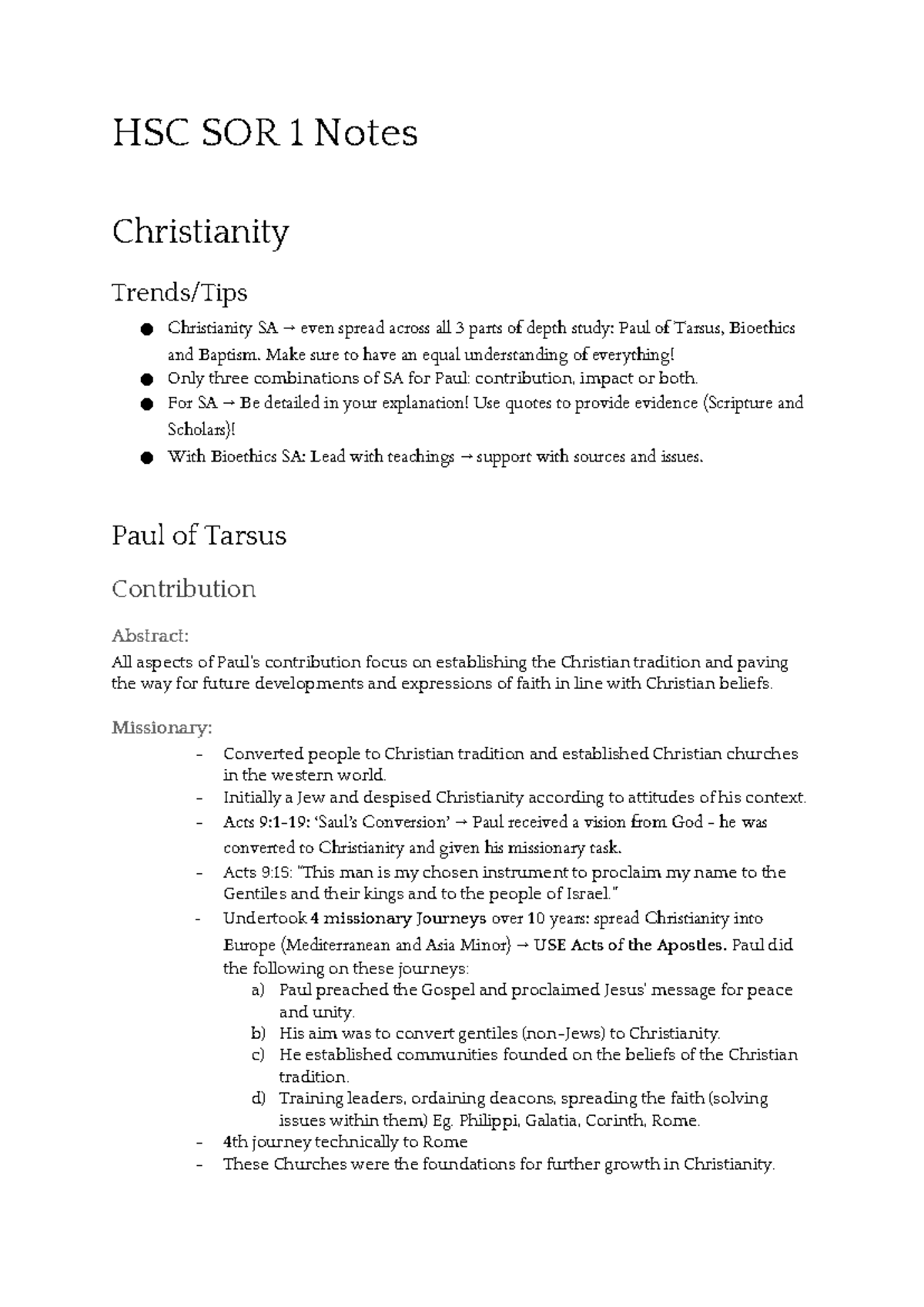 HSC SOR 1 Notes: Christianity Depth Study on Paul, Bioethics, and ...