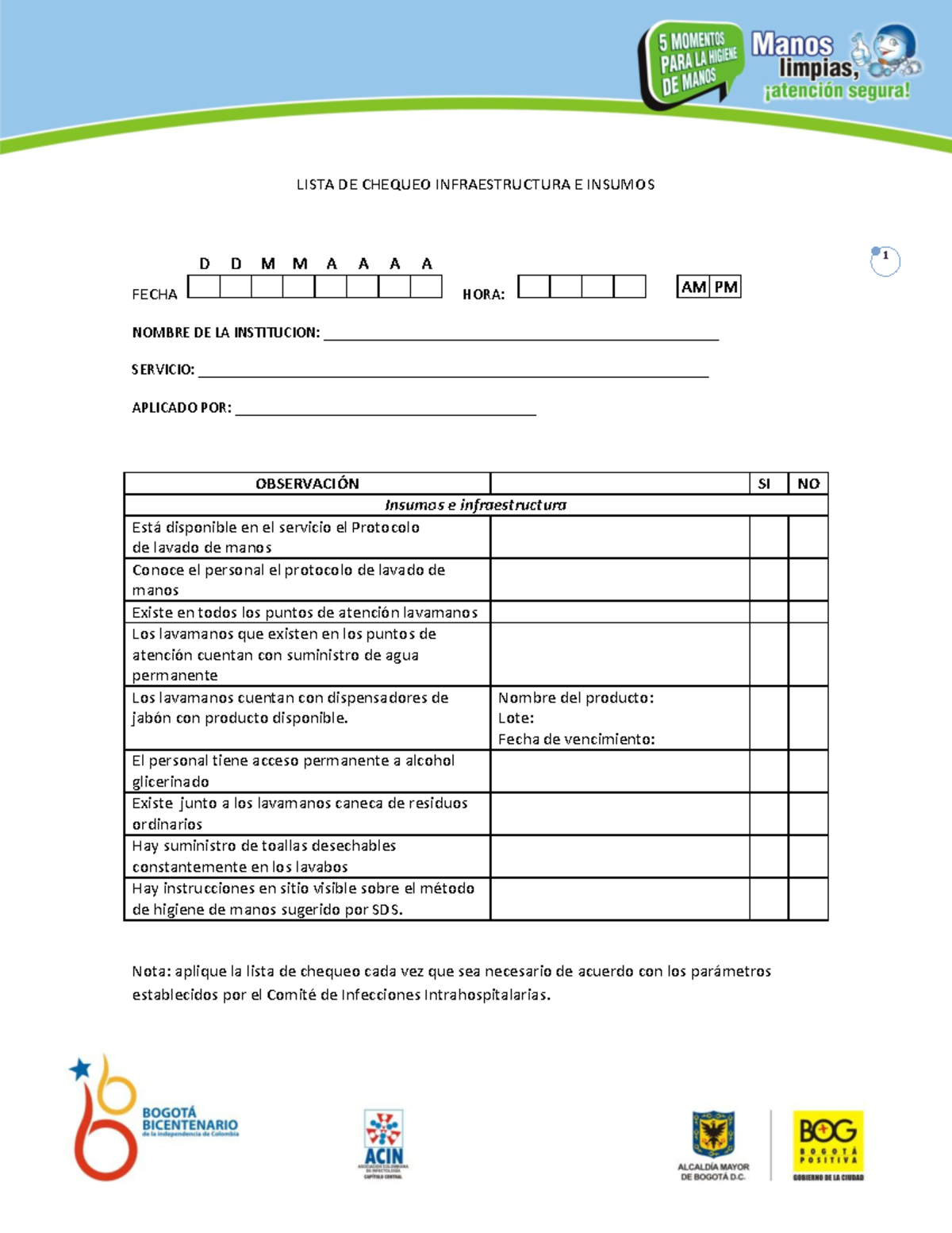 Lista de Chequeo Lavado de Manos - 1 LISTA DE CHEQUEO INFRAESTRUCTURA E ...