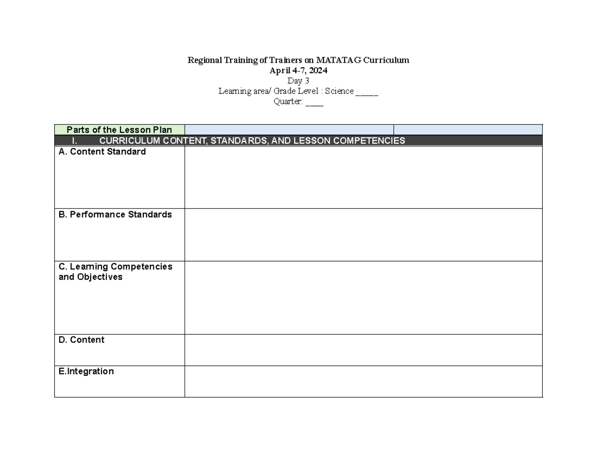 734319449 Matatag Lesson Plan Template - Regional Training of Trainers ...