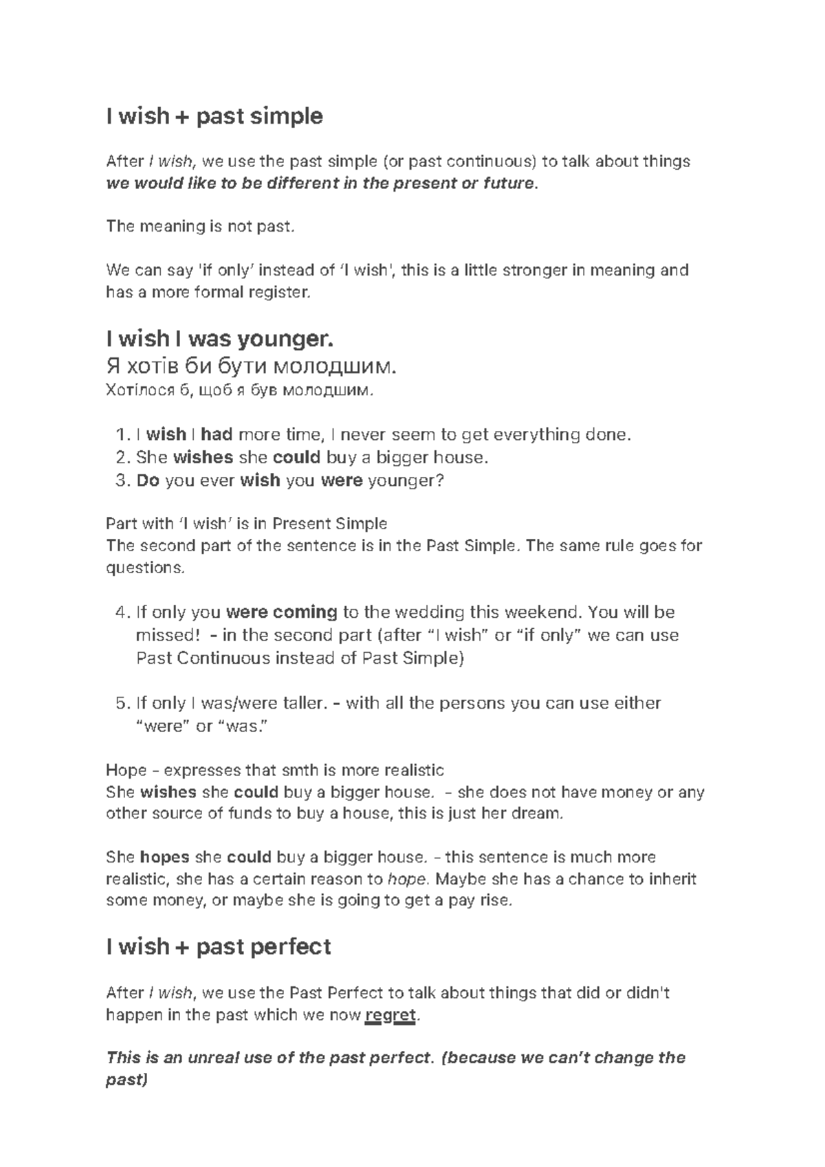 Grammar Notes on "I Wish": Past Simple, Past Perfect & Would - Studocu