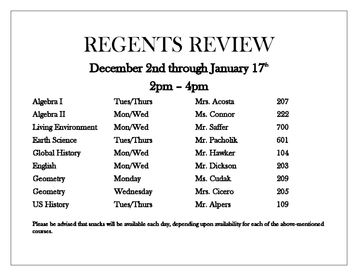 Regents Review Schedule January 2025 - REGENTS REVIEW December 2nd ...