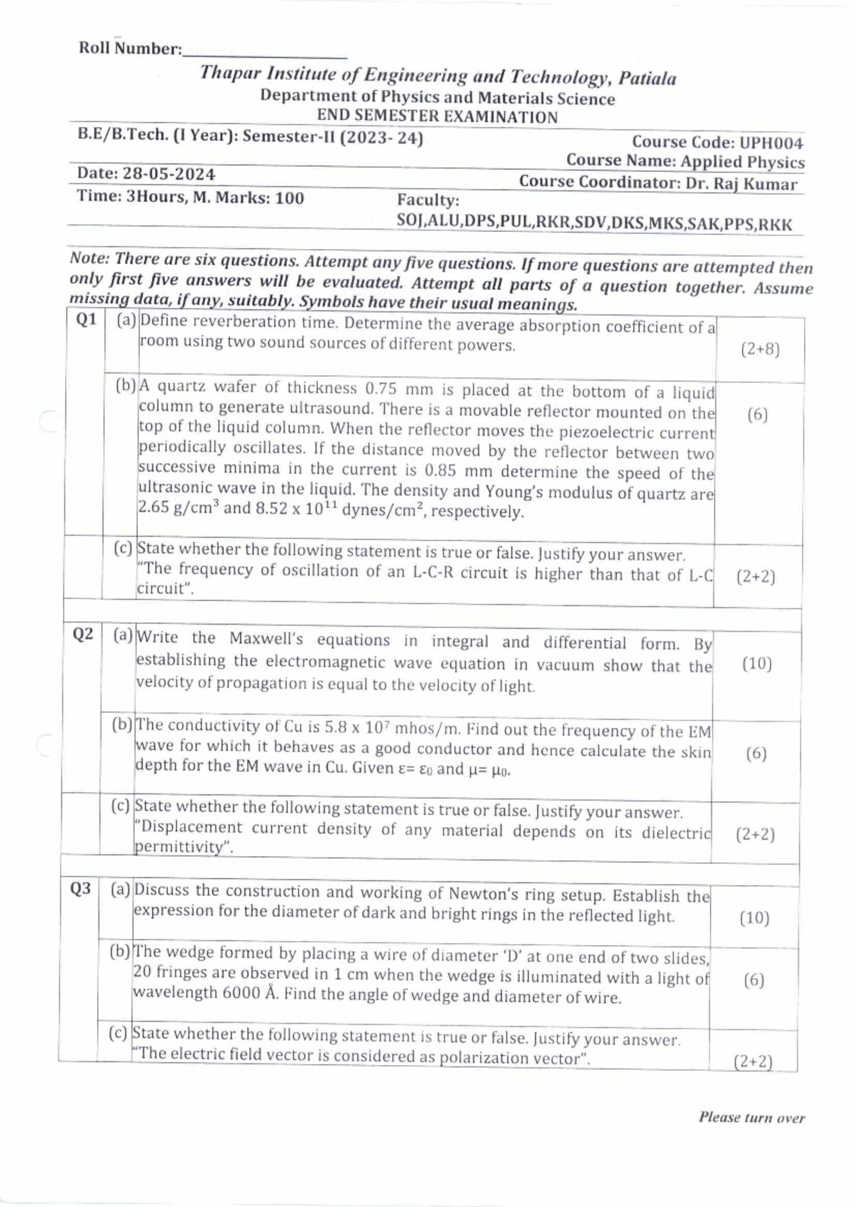 UPH004 - Applied Physics End Semester Exam Questions and Guidelines ...