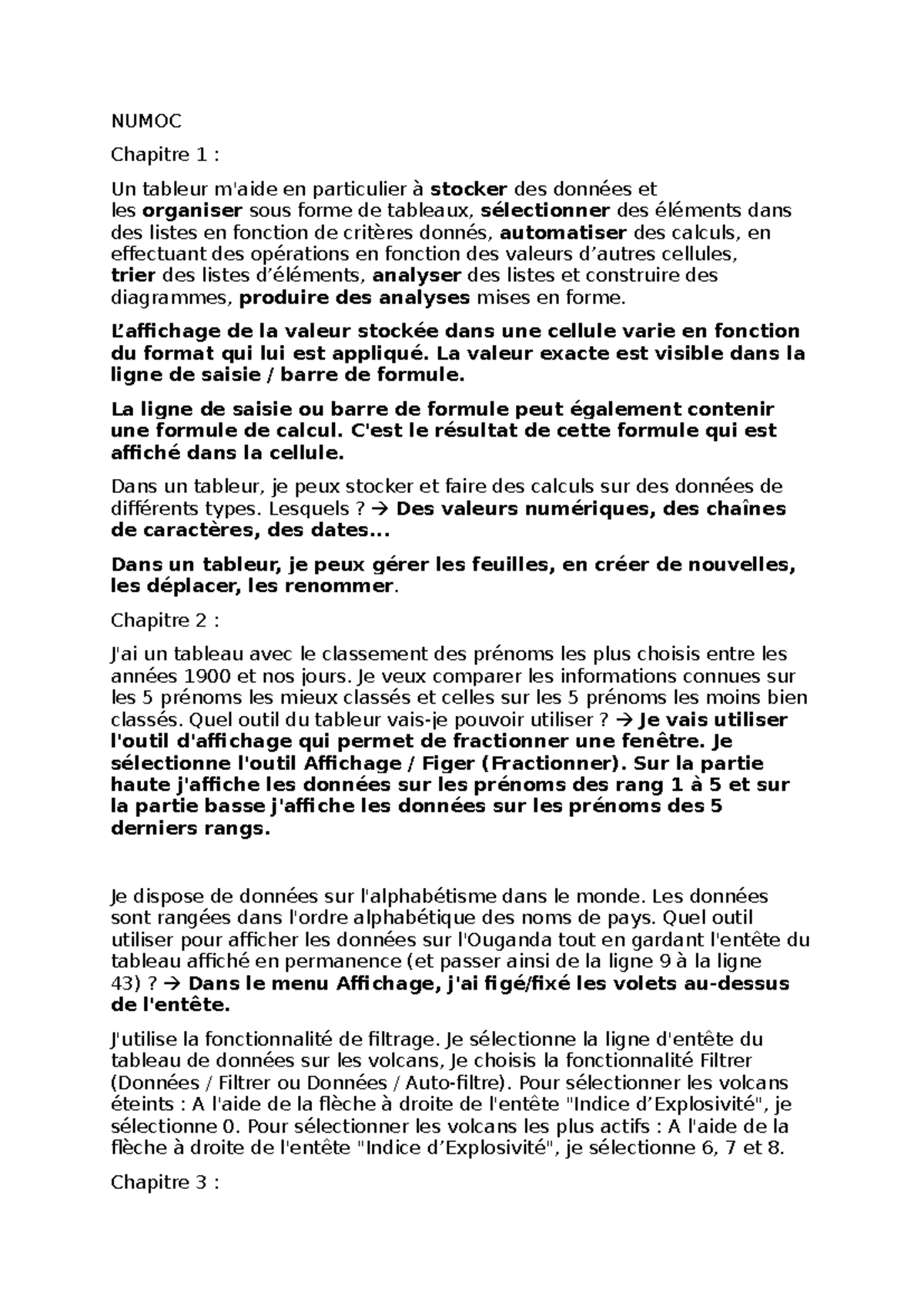 NUMOC Chapitre 1 : Introduction aux Tableurs et Fonctions de Base - Studocu