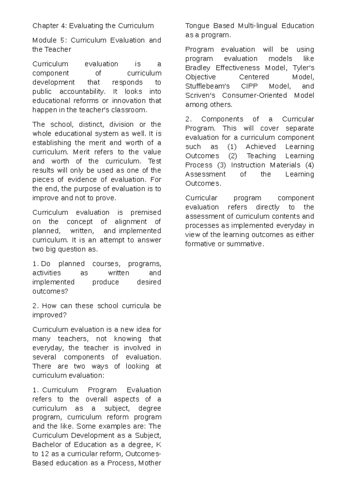 Print 7 - Lecture Notes on Curriculum Evaluation Insights - Studocu