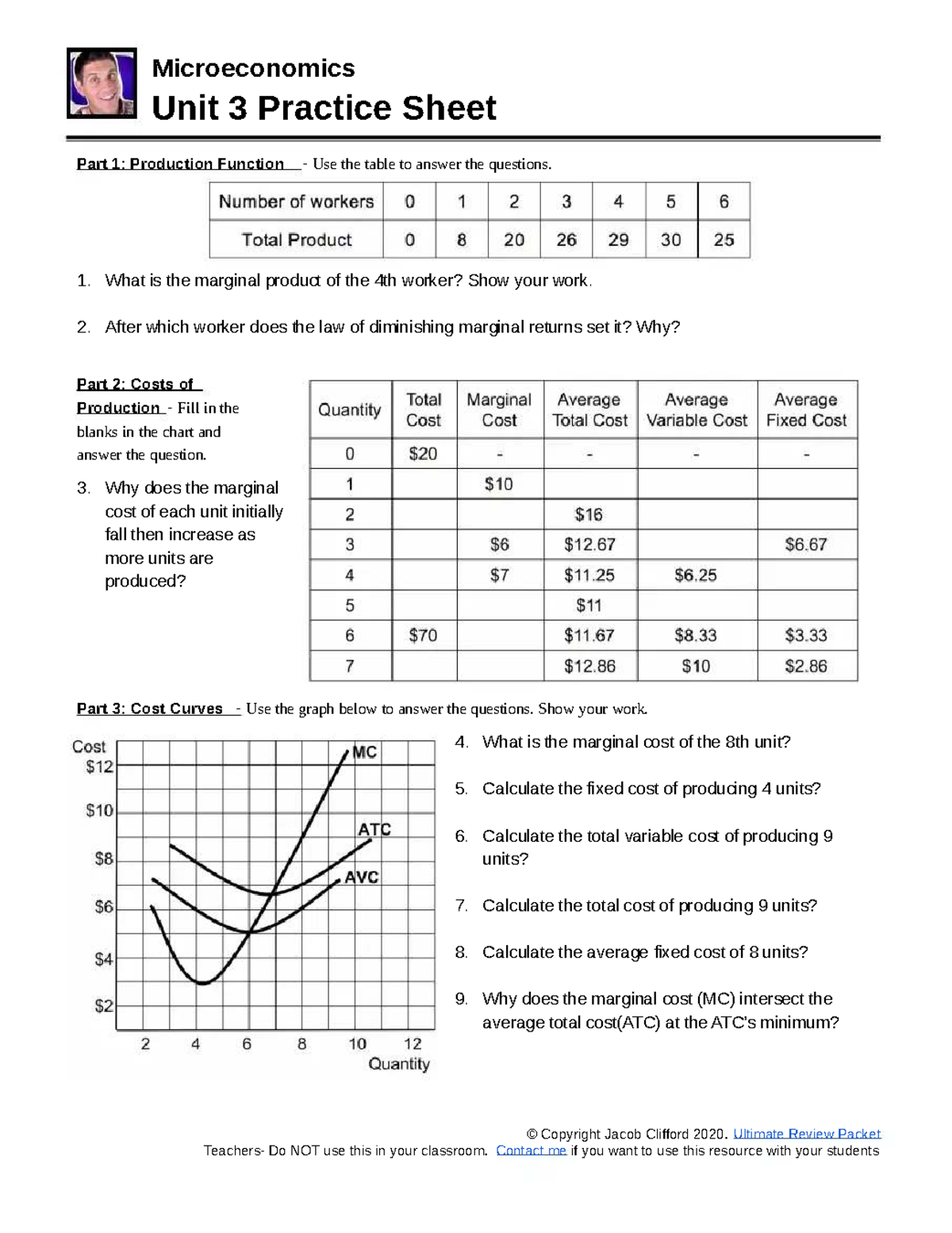 Microeconomics Unit 3 Practice Sheet: Production & Cost Analysis - Studocu