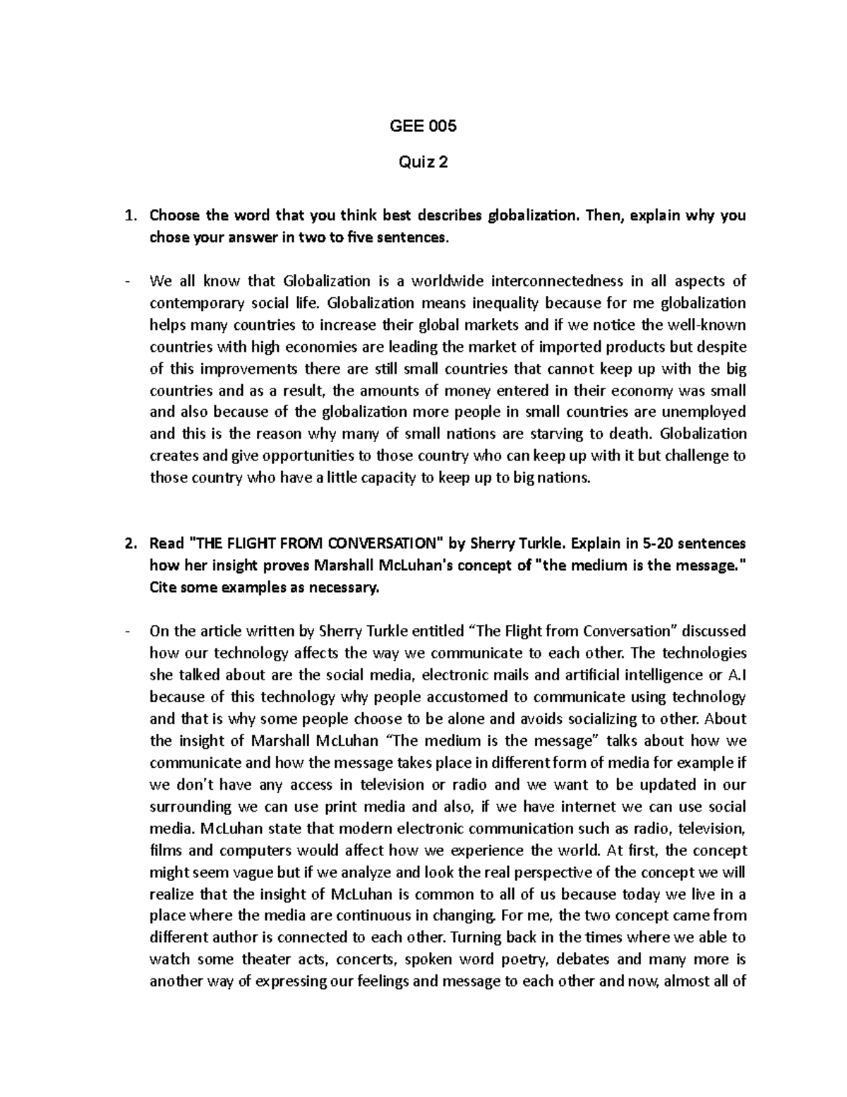 Purcom - Globalization - GEE 005 Quiz 2 Choose the word that you think best describes ...