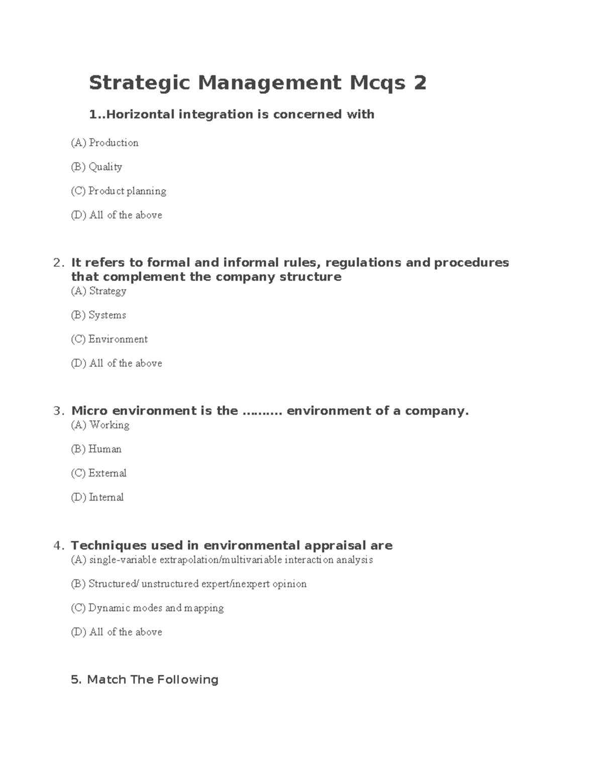 Strategic Management MCQs Practice - SM L2 - Studocu