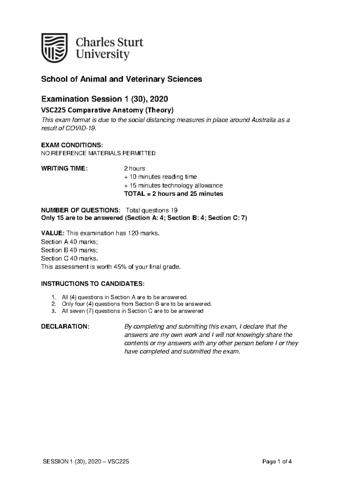 VSC225 Comparative Anatomy Session 1 (30) 2020 - Online Exam Guide ...