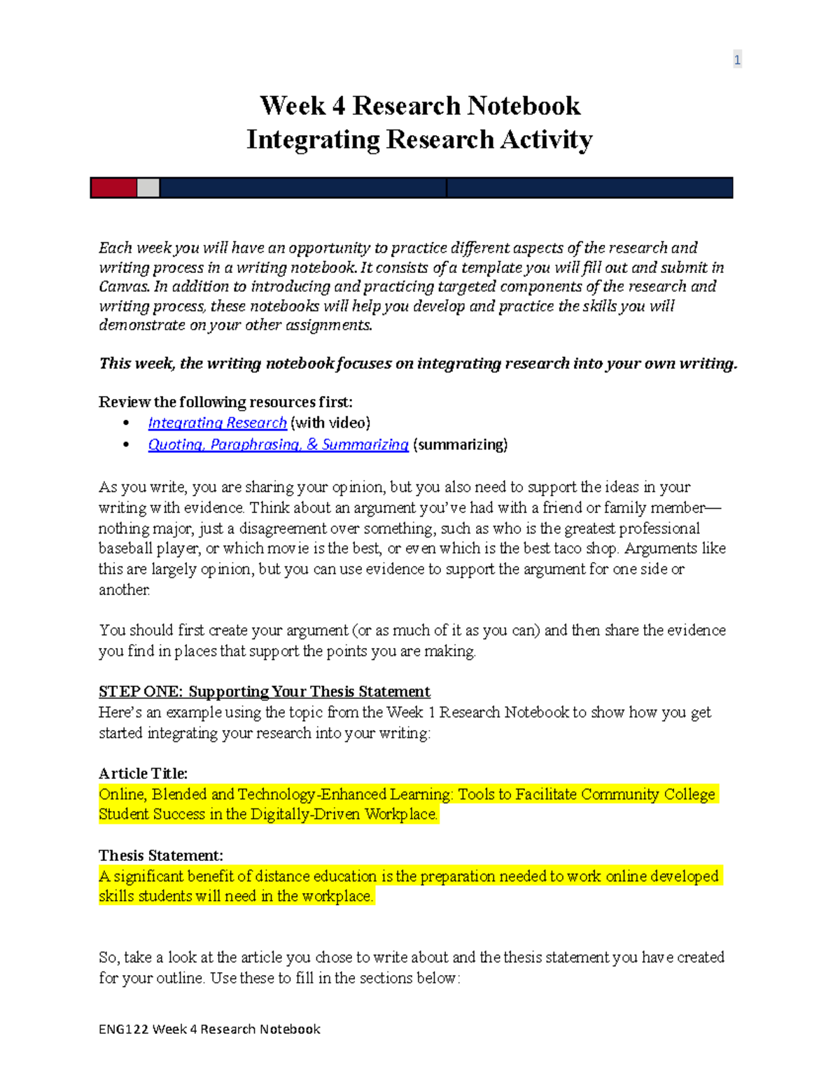 ENG122 Week 4 Research Notebook: Integrating Research Techniques - Studocu