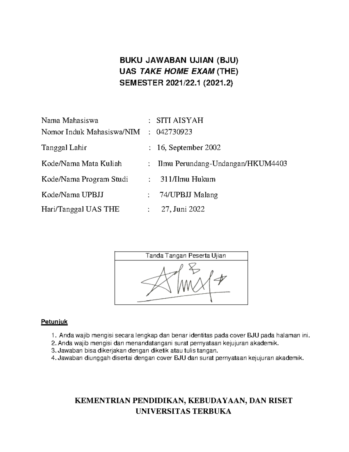 HKUM4403 042730923 - perundangan - Tanda Tangan Peserta Ujian BUKU JAWABAN UJIAN (BJU) UAS TAKE ...