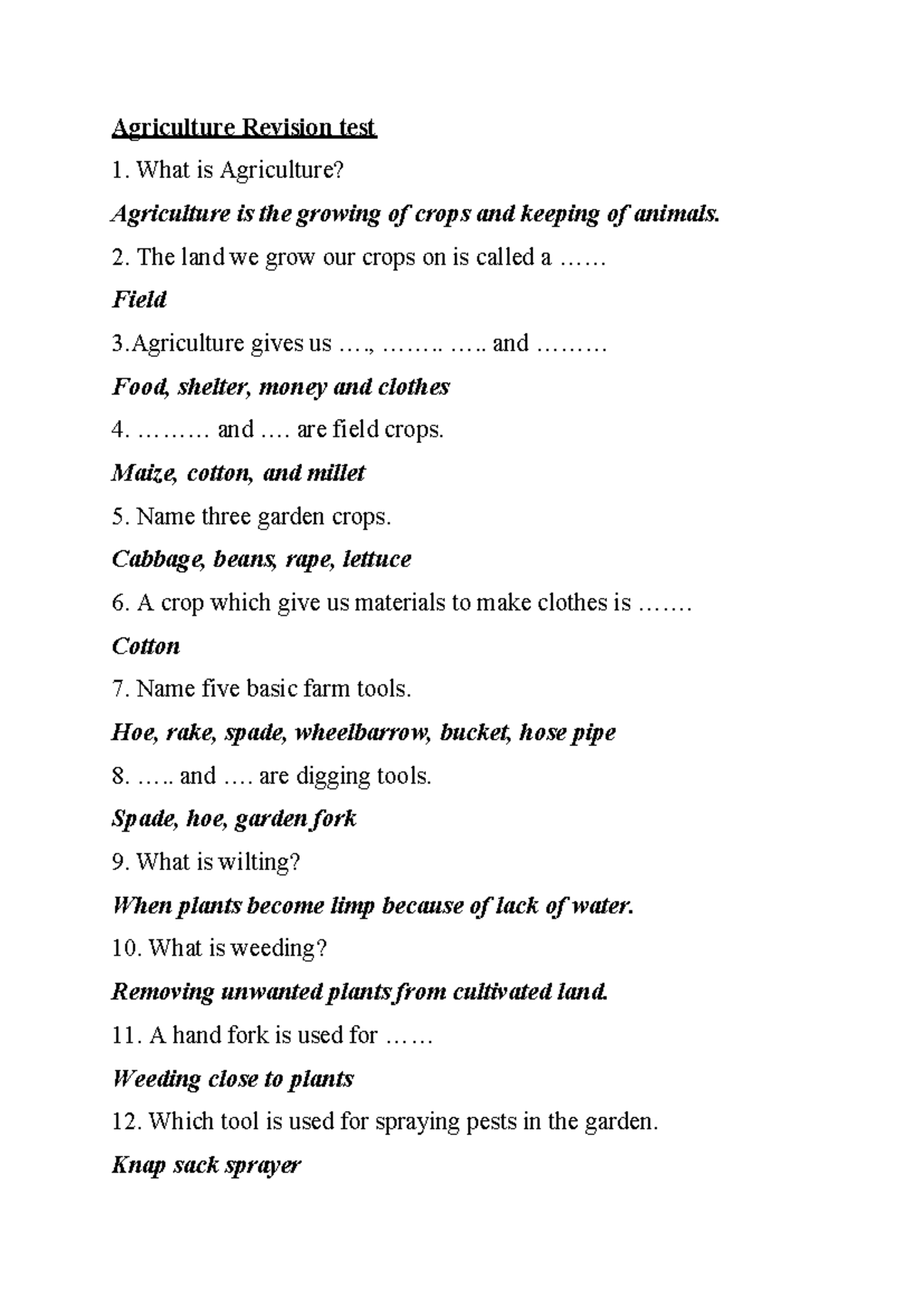 Agriculture Revision Test 1: Key Concepts and Tools - Studocu