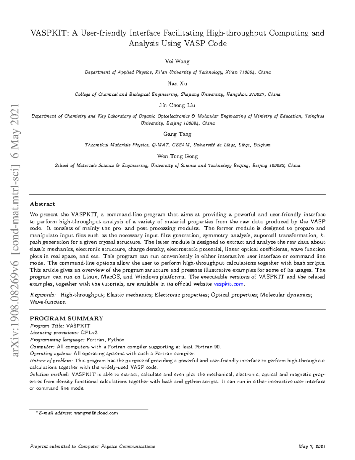 VASPKIT: A User-friendly Interface Facilitating High-throughput ...