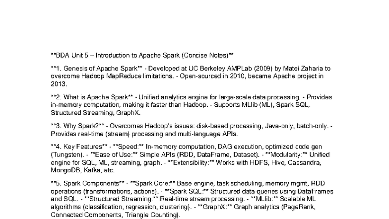 BDA 5: Concise Notes on Apache Spark Overview and Features - Studocu
