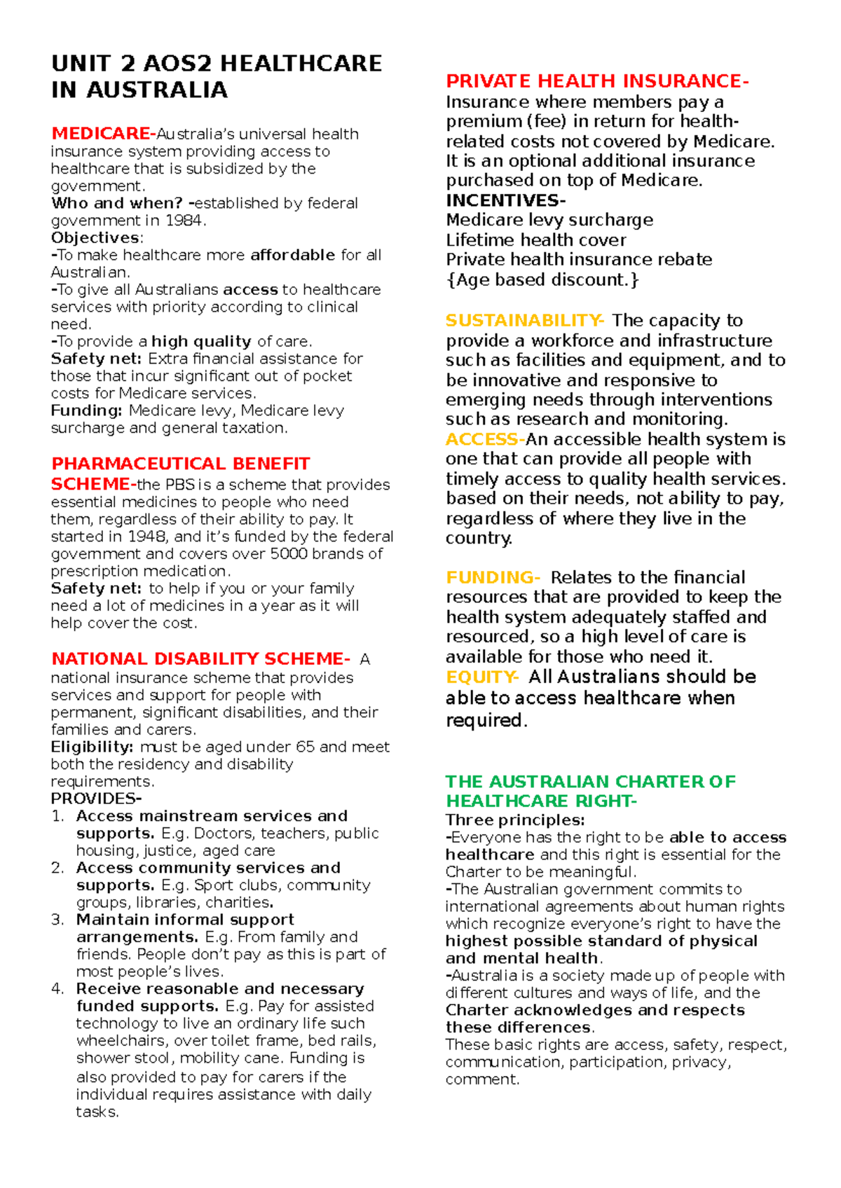 HHD UNIT 2 AOS 2-AUS Health System Revision - UNIT 2 AOS2 HEALTHCARE IN ...