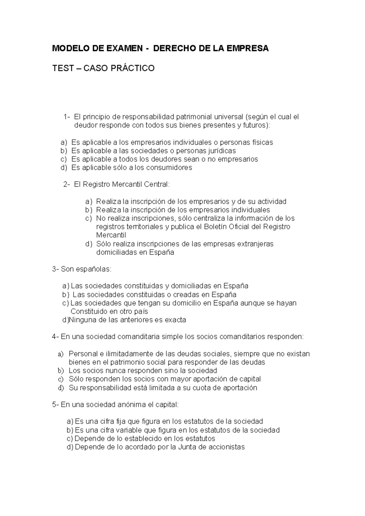 Modelo Examen - Derecho de la Empresa (DERECHO 101) - Studocu