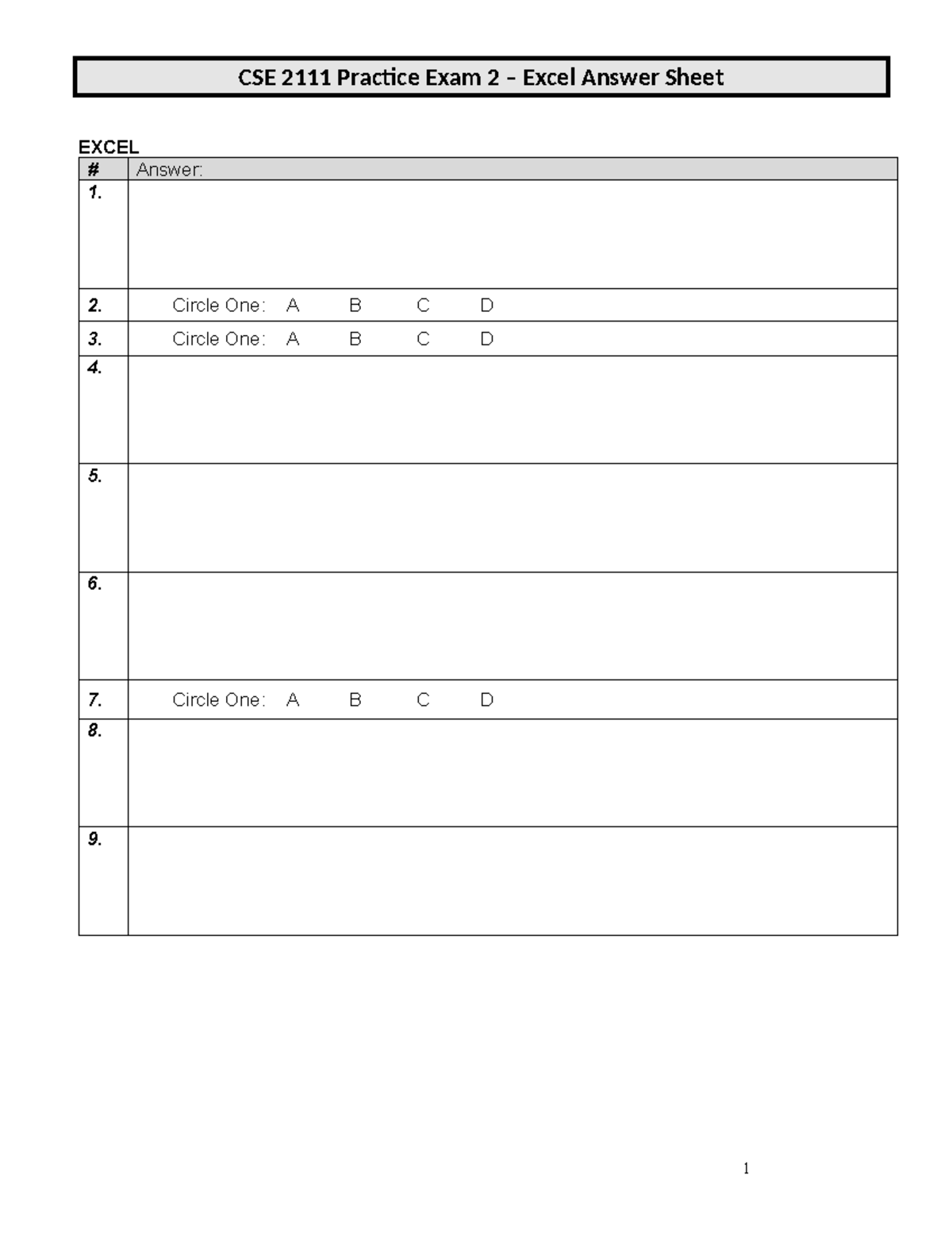 Practice Exam 2 Empty Answer Sheet - CSE 2111 - CSE 2111 Practice Exam ...