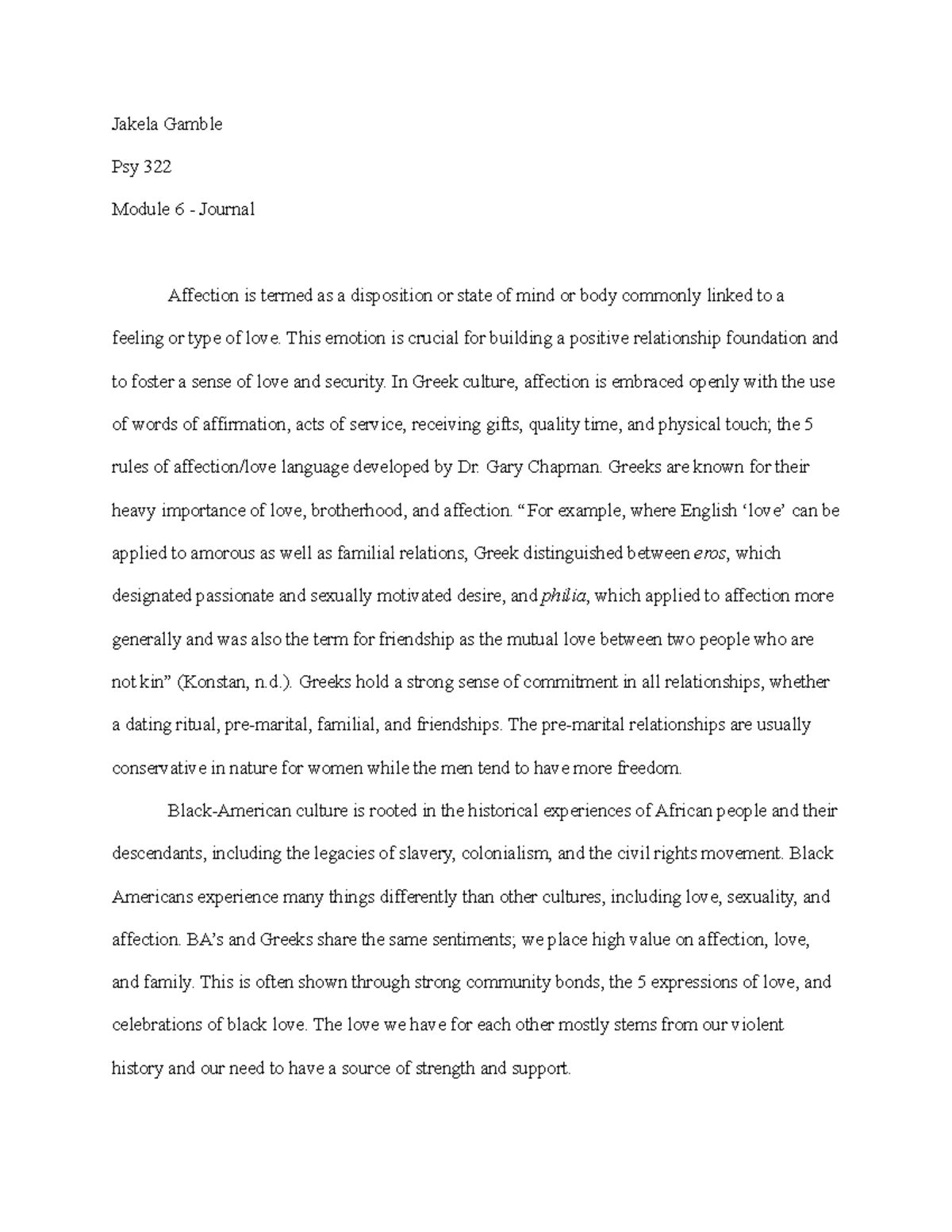 Psy 322 - Module 6 - Journal on Affection in Greek and Black Cultures ...