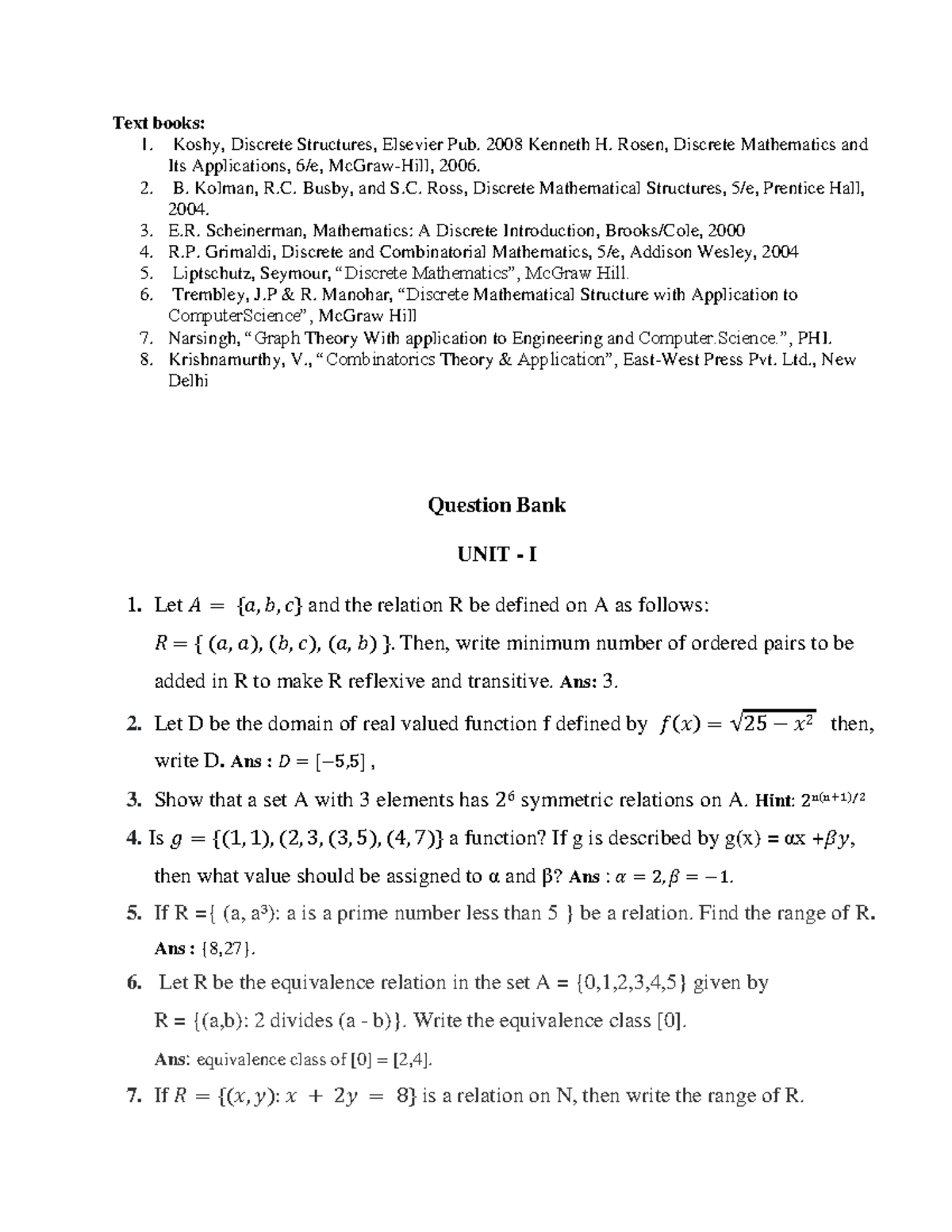 DSTL-Discrete Structures Question Bank and Solutions Guide - Studocu