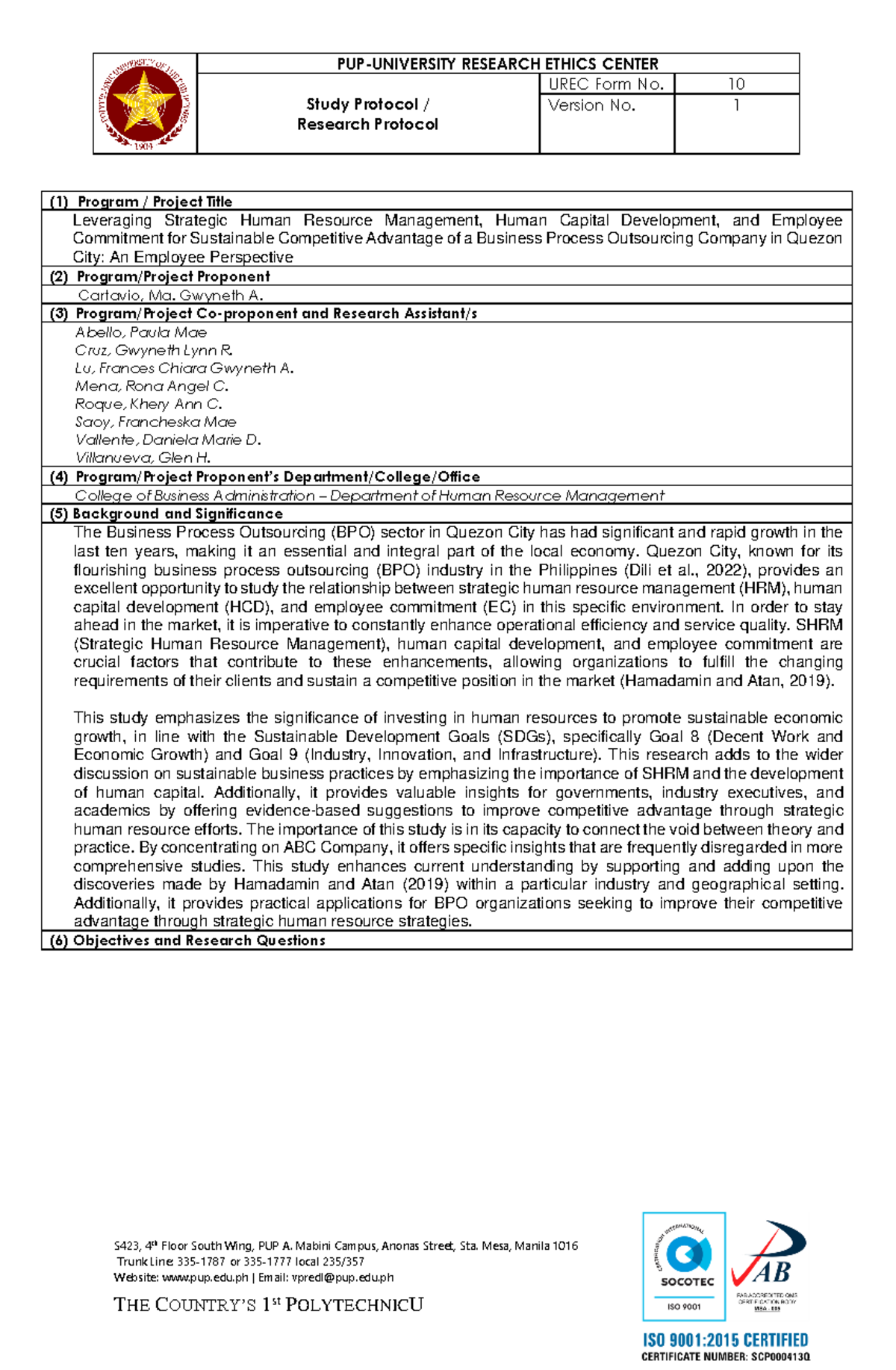 Study Protocol: Strategic HRM & Employee Commitment in BPO (UREC Form ...