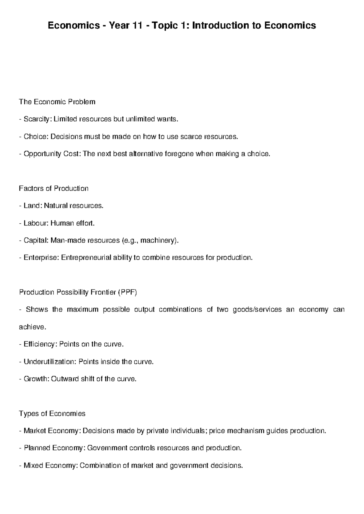 Economics Year 11 Topic 1: Intro to Economic Concepts & Issues - Studocu