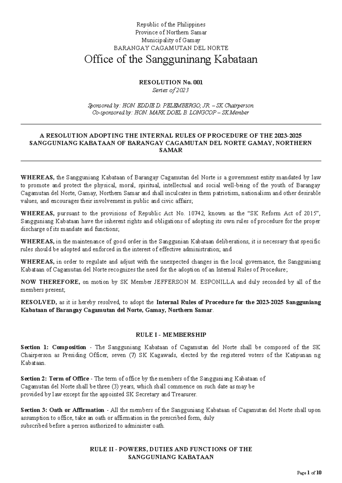 Resolution No. 001: Adopting Internal Rules of Procedure for SK 2023 ...