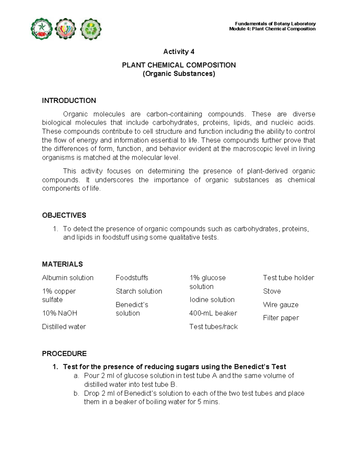 Fundamentals of Botany Lab Module 4: Organic Compounds Testing - Studocu