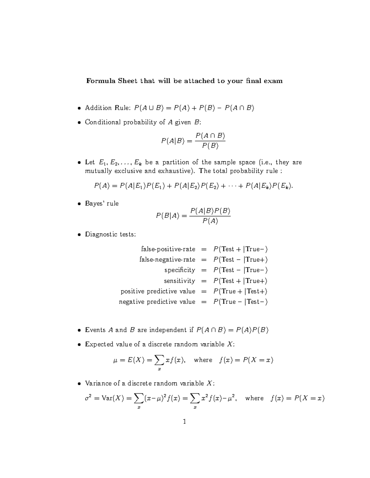Probability Formula Sheet for Final Exam - Studocu