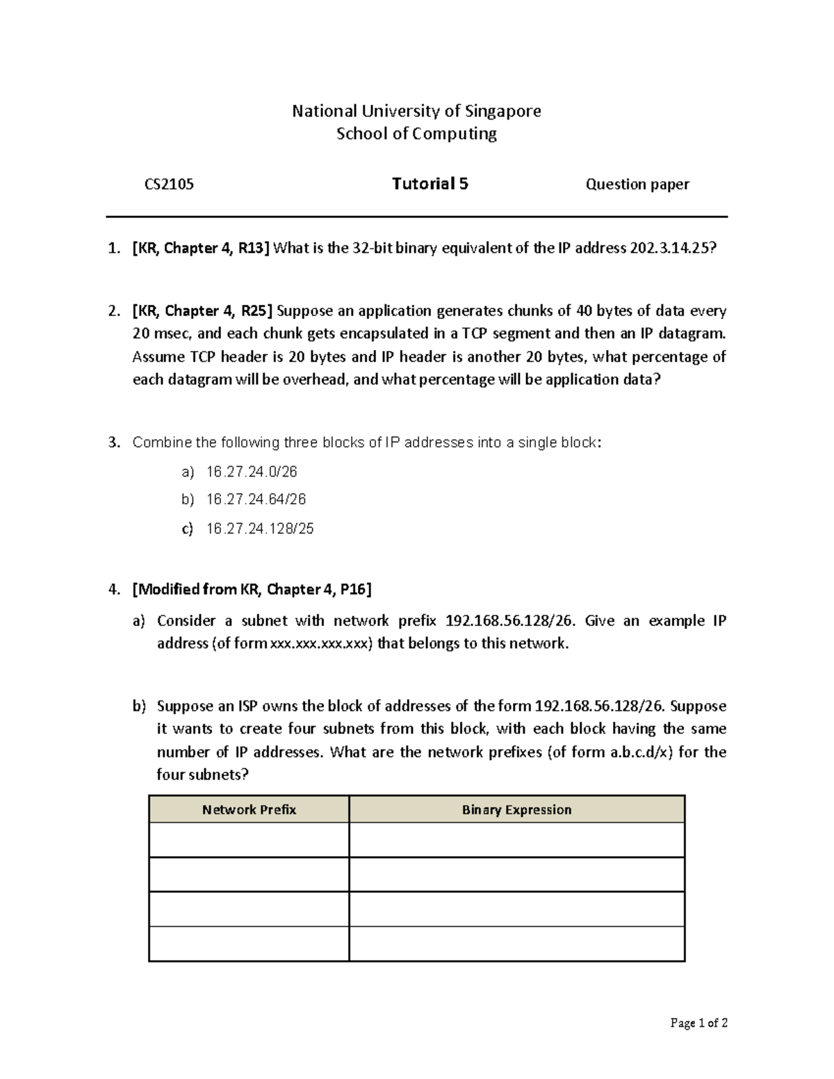 Tutorial 5 qns - Page 1 of 2 National University of Singapore School of ...