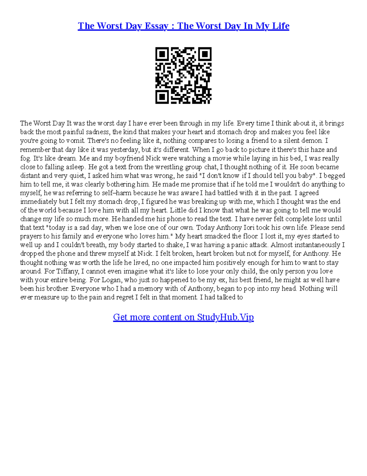 The Worst Day Of My Life: A Personal Essay Reflection - Studocu