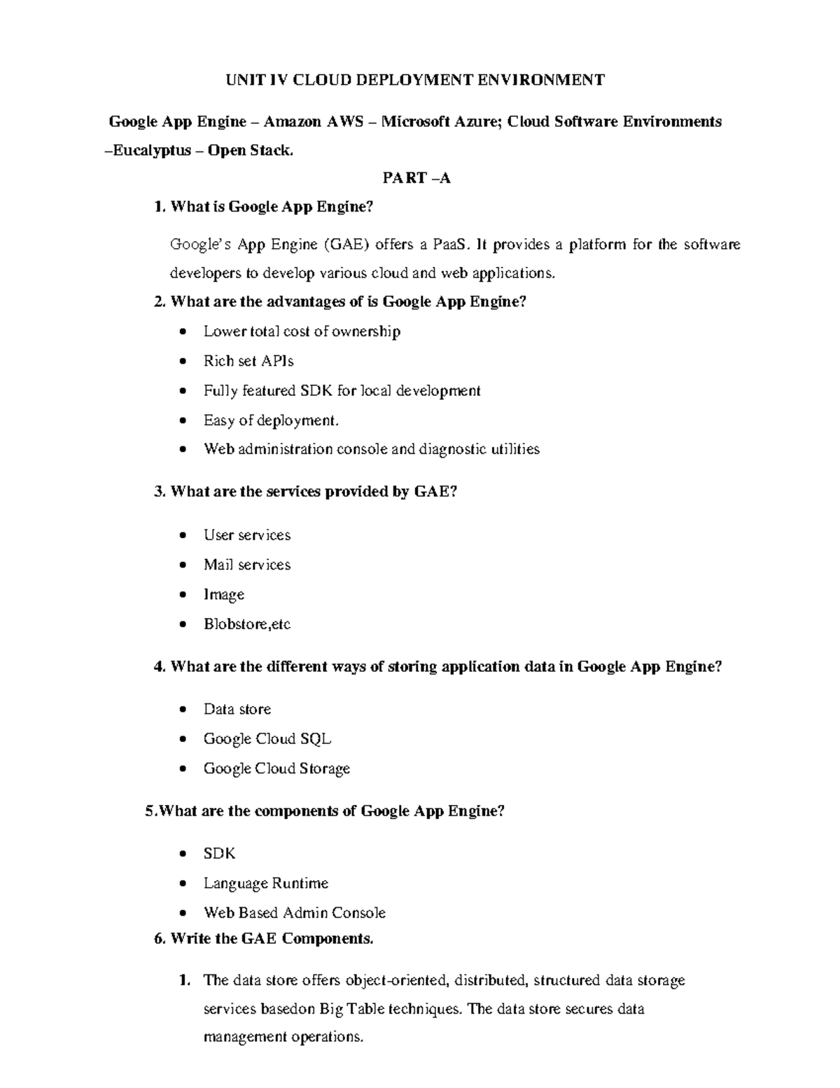 CLOUD COMPUTING UNIT IV NOTES: Google App Engine, AWS, Azure, OpenStack ...