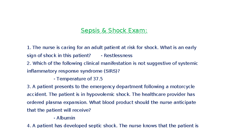 Exam 4 Study Guide: Sepsis and Shock Management - Studocu