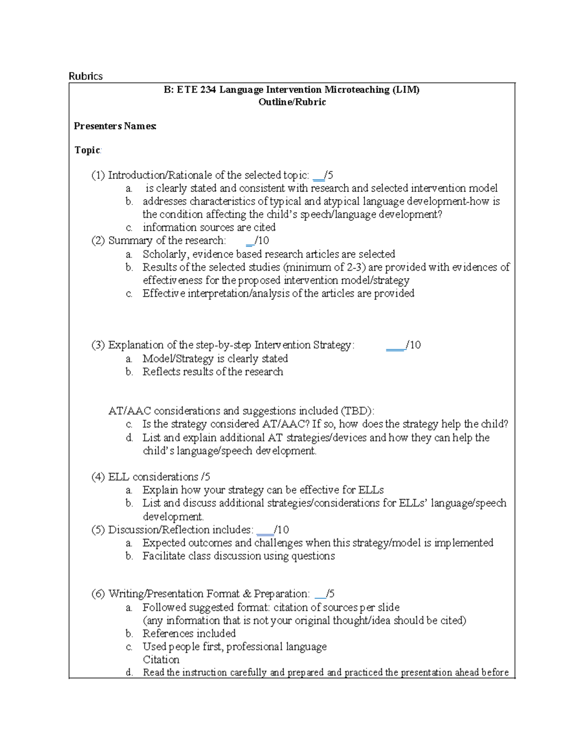 ETE 234 Language Intervention Microteaching Rubric Outline - Studocu