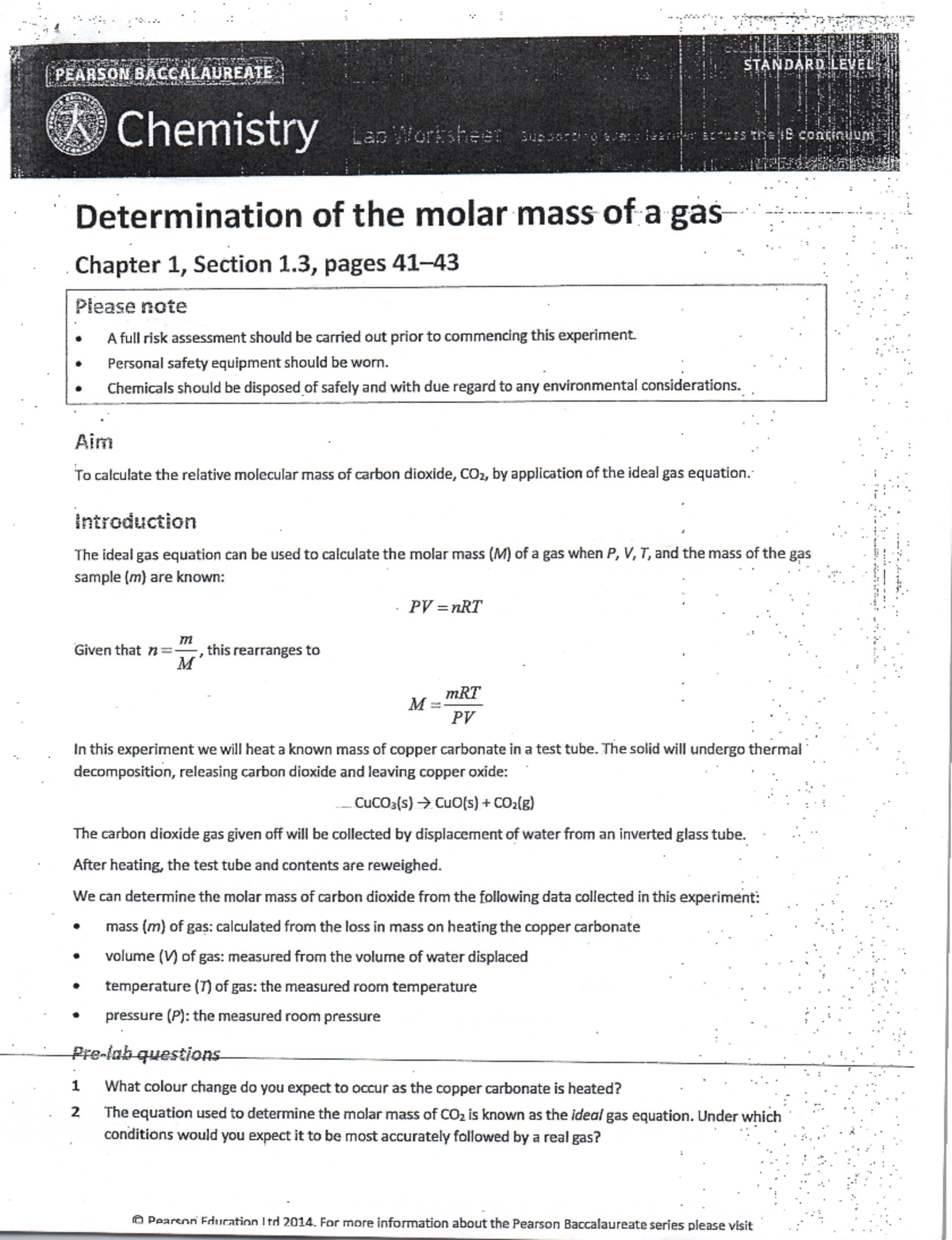 SL Chemistry Lab: Determining Molar Mass of CO2 Experiment - Studocu