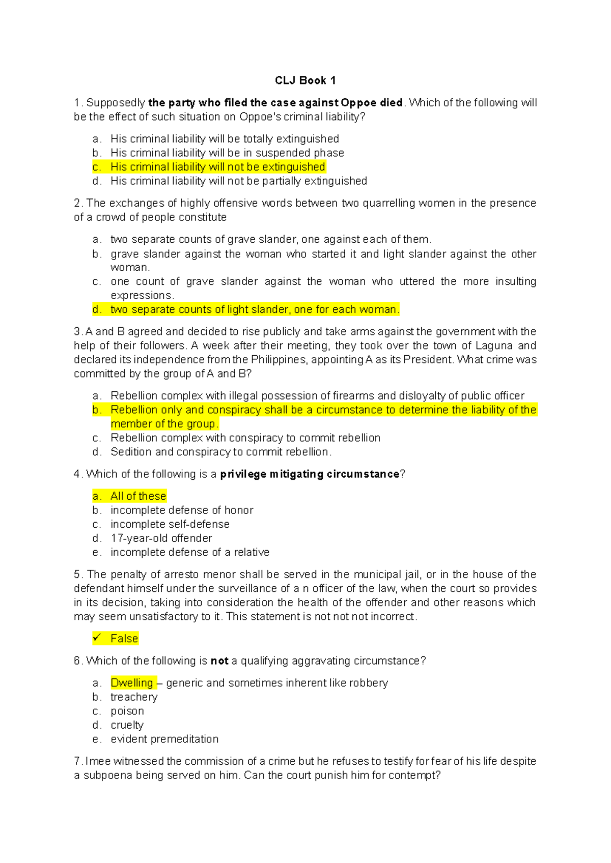 CLJ Book 1 Final Exam Review: Key Legal Concepts and Cases - Studocu