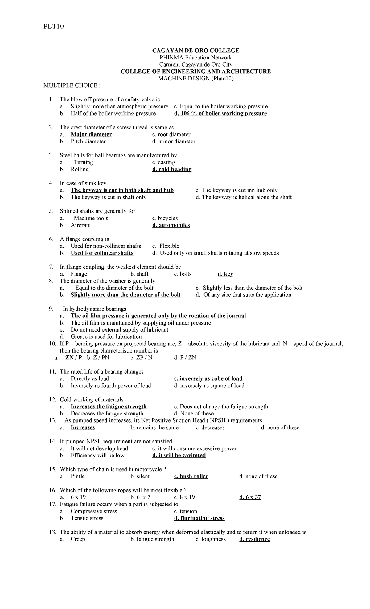 PLT10 Machine Design Multiple Choice Questions - Cagayan de Oro College ...