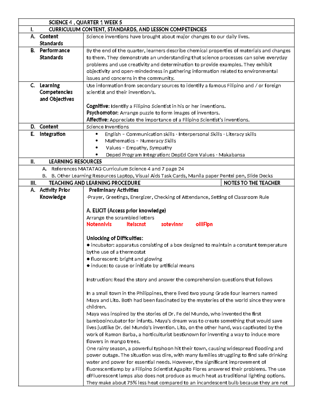 SCIENCE 4: Lesson Plan on Filipino Inventions and Innovators - Studocu