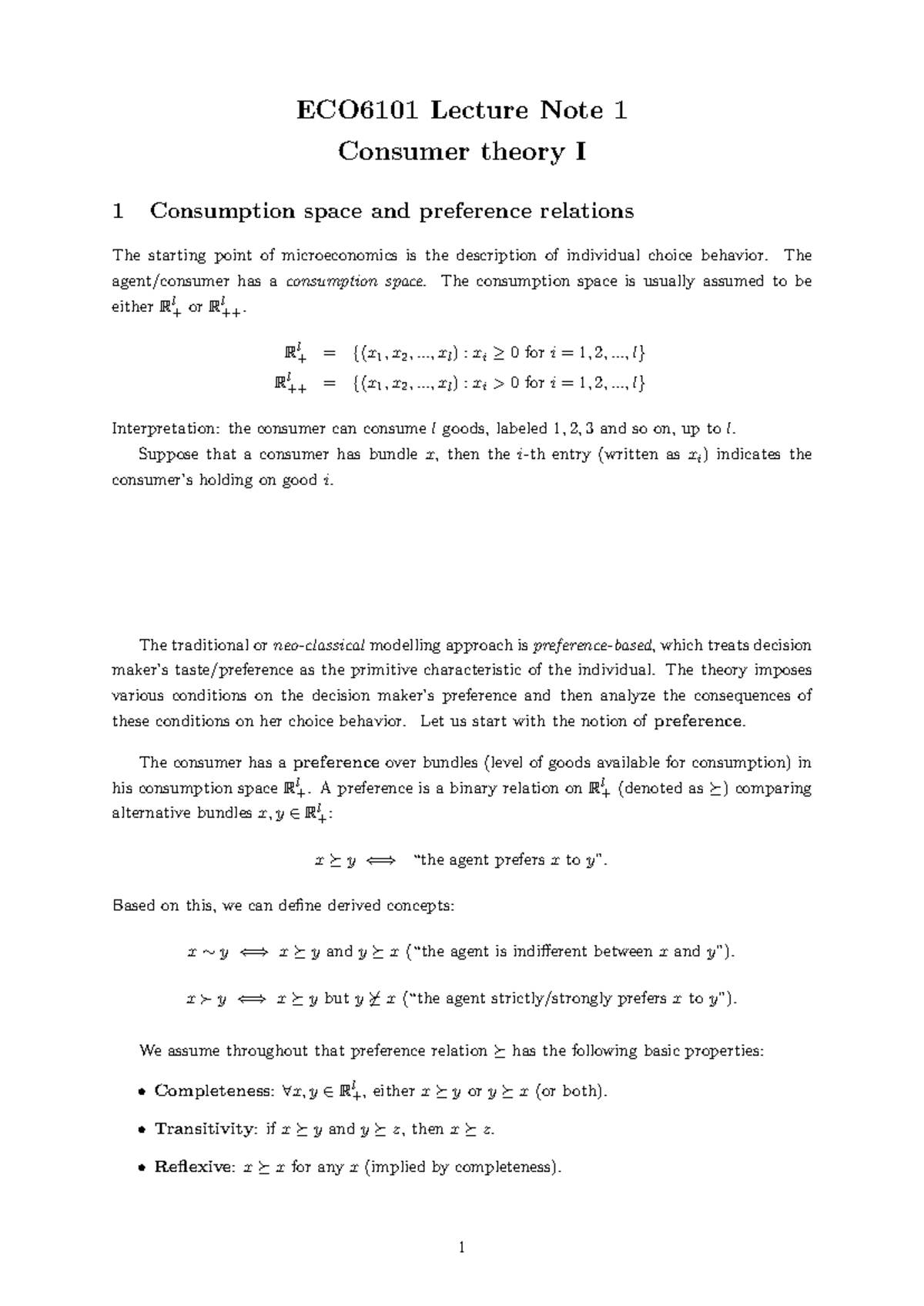 ECO6101 Lecture Notes: Detailed Examination of Consumer Theory I - Studocu