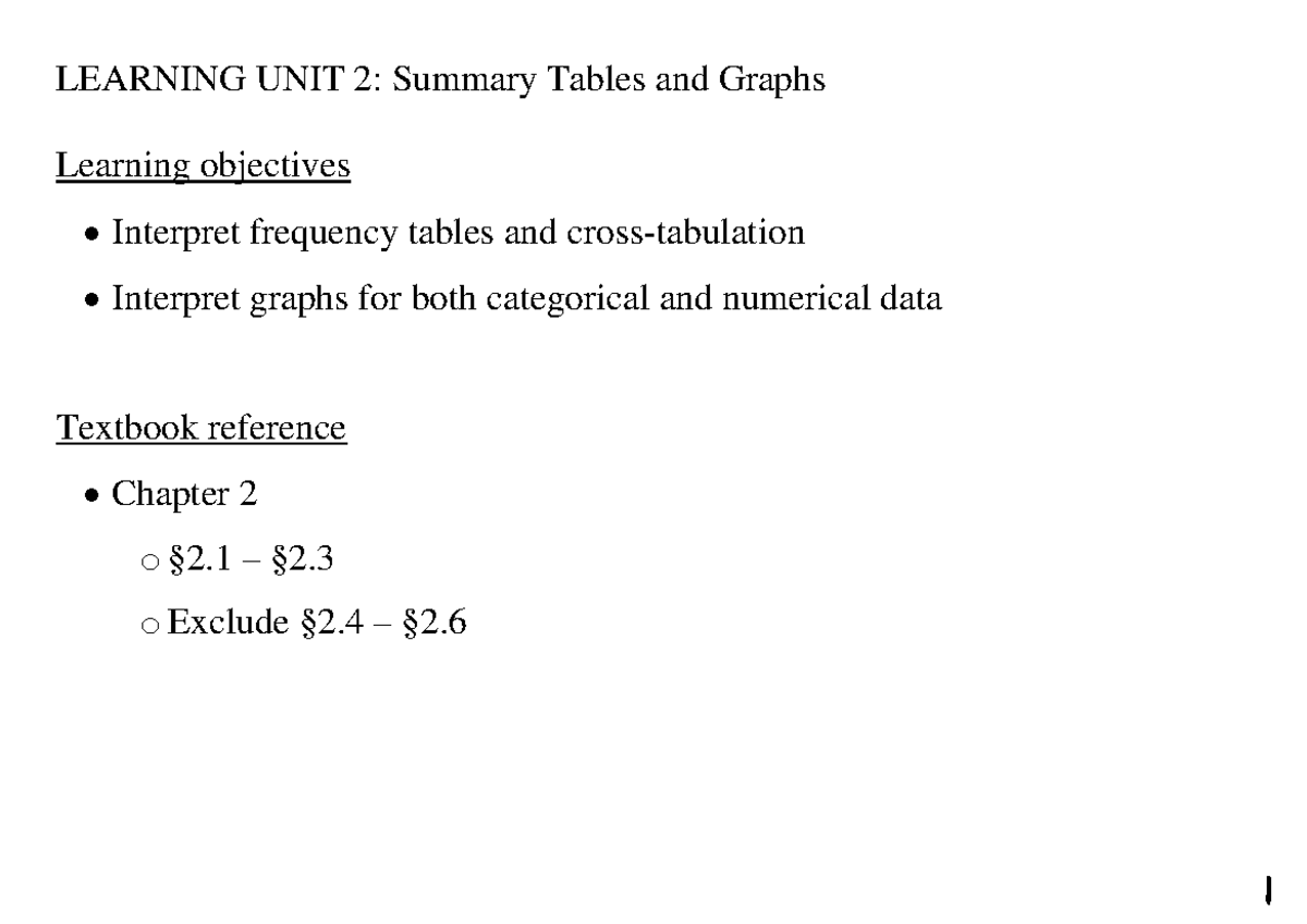LU2: Summary Tables & Graphs - Lecture Notes on Data Interpretation ...