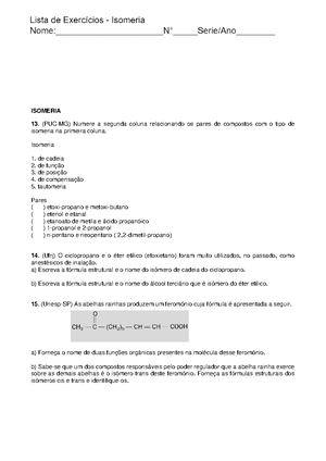 Lista de Exercícios - Orgânica e Fórmulas Estruturais - Disciplina ...