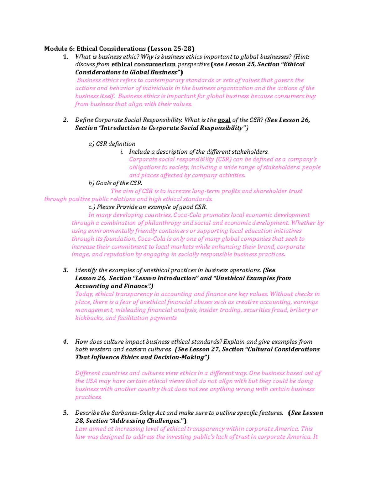 Module 6 Study Guide: Ethical Considerations in Business Practices ...