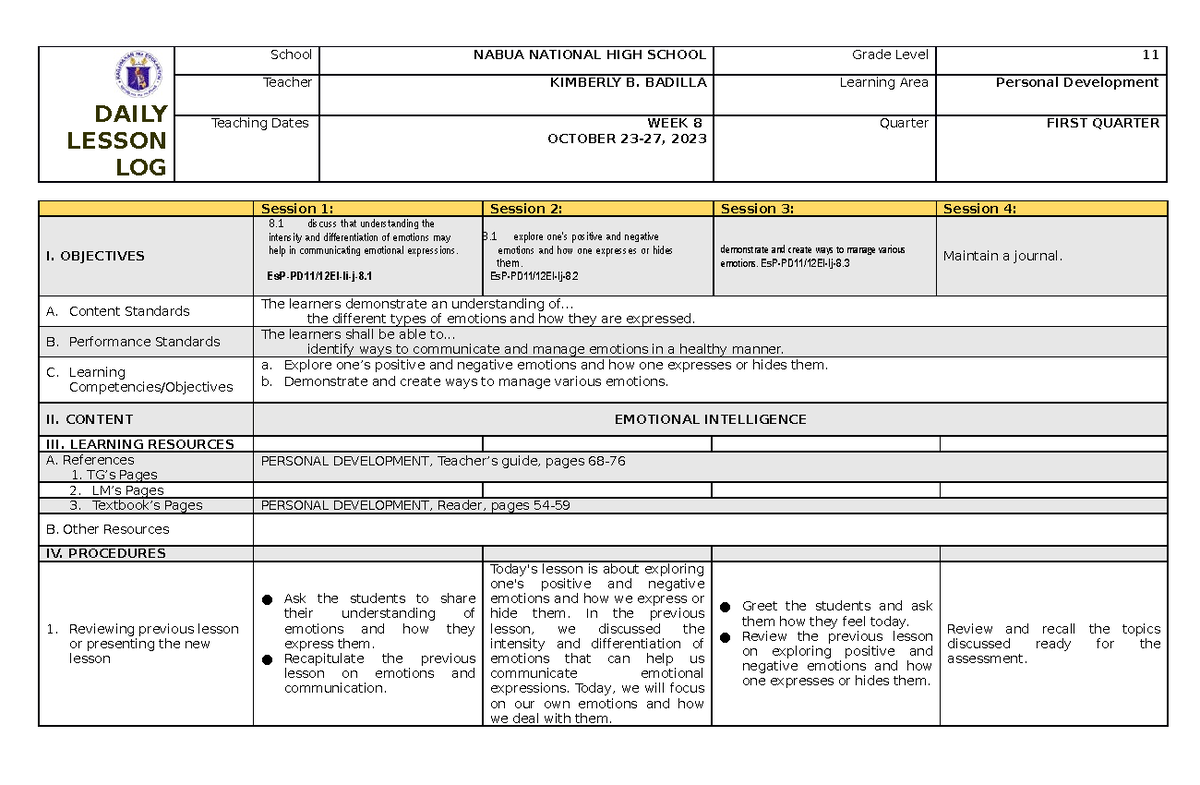 Perdev Q1 WEEK 8 - Emotional Intelligence Lesson Plan and Activities ...