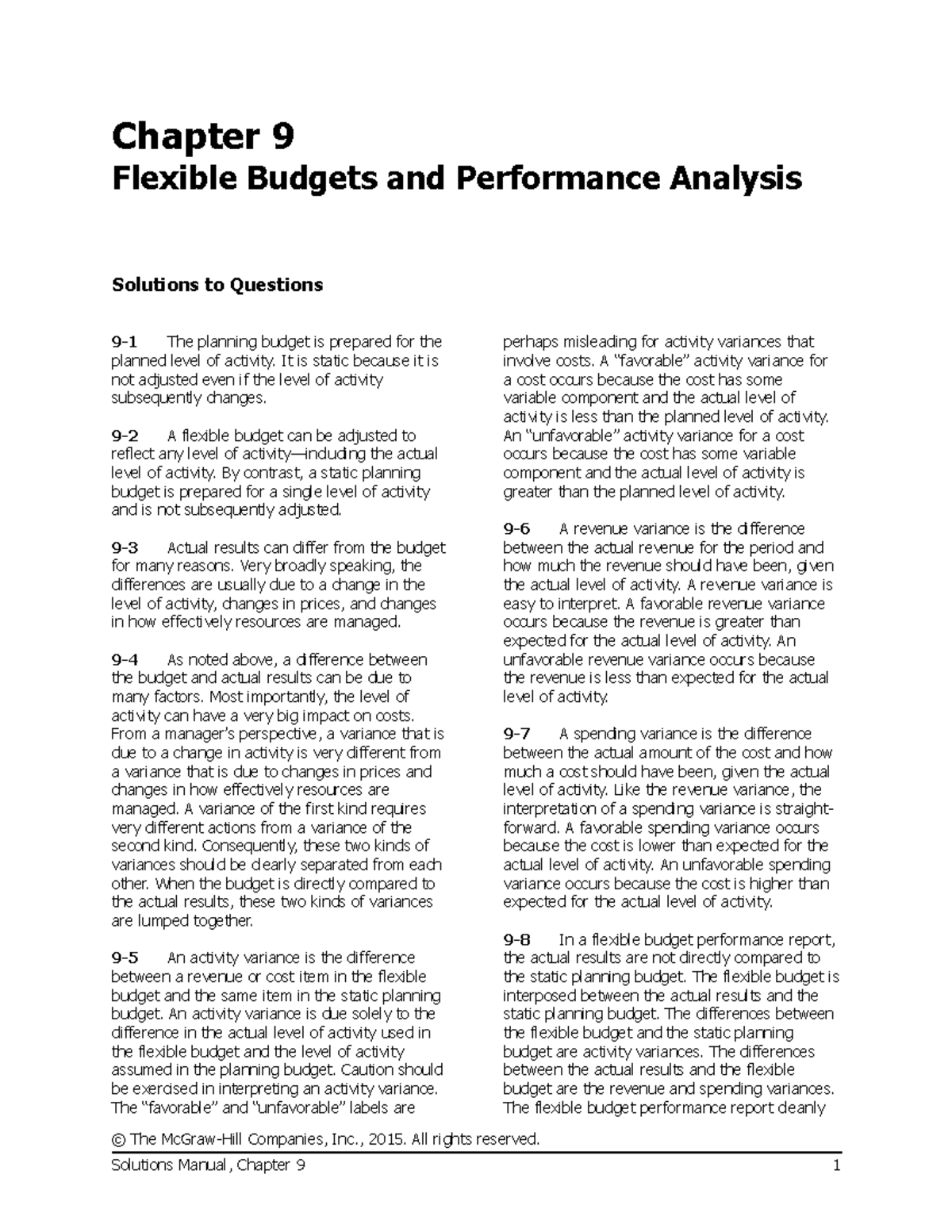 Managerial Accounting Solutions Manual: Chapter 9 - Flexible Budgets ...