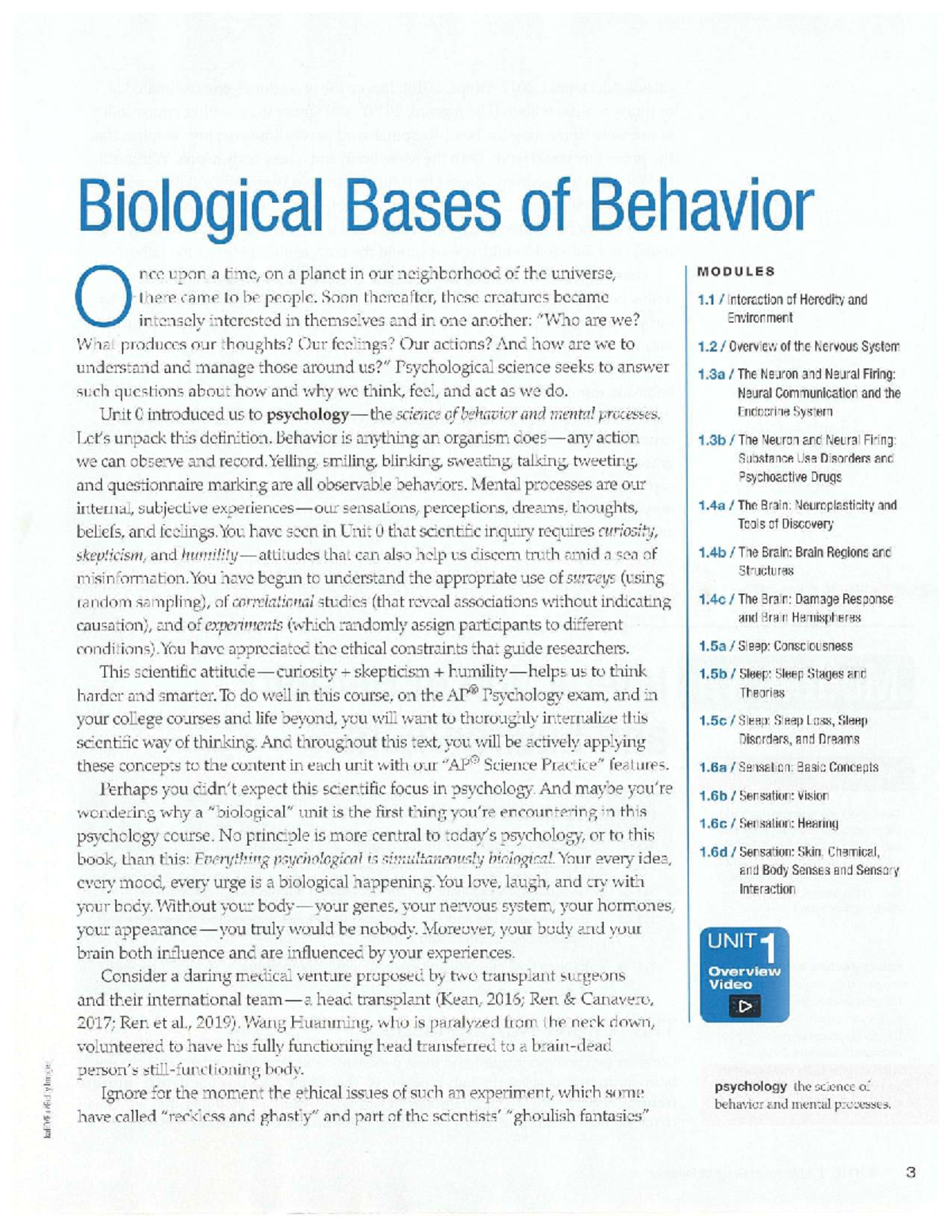 Module 1 Psychology Notes - PSY: Biological Bases of Behavior - Studocu